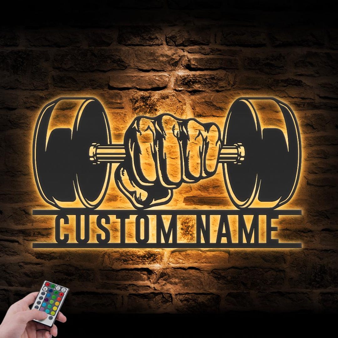 Custom Powerlifting Metal Wall Art LED Light Personalized Bodybuilding ...