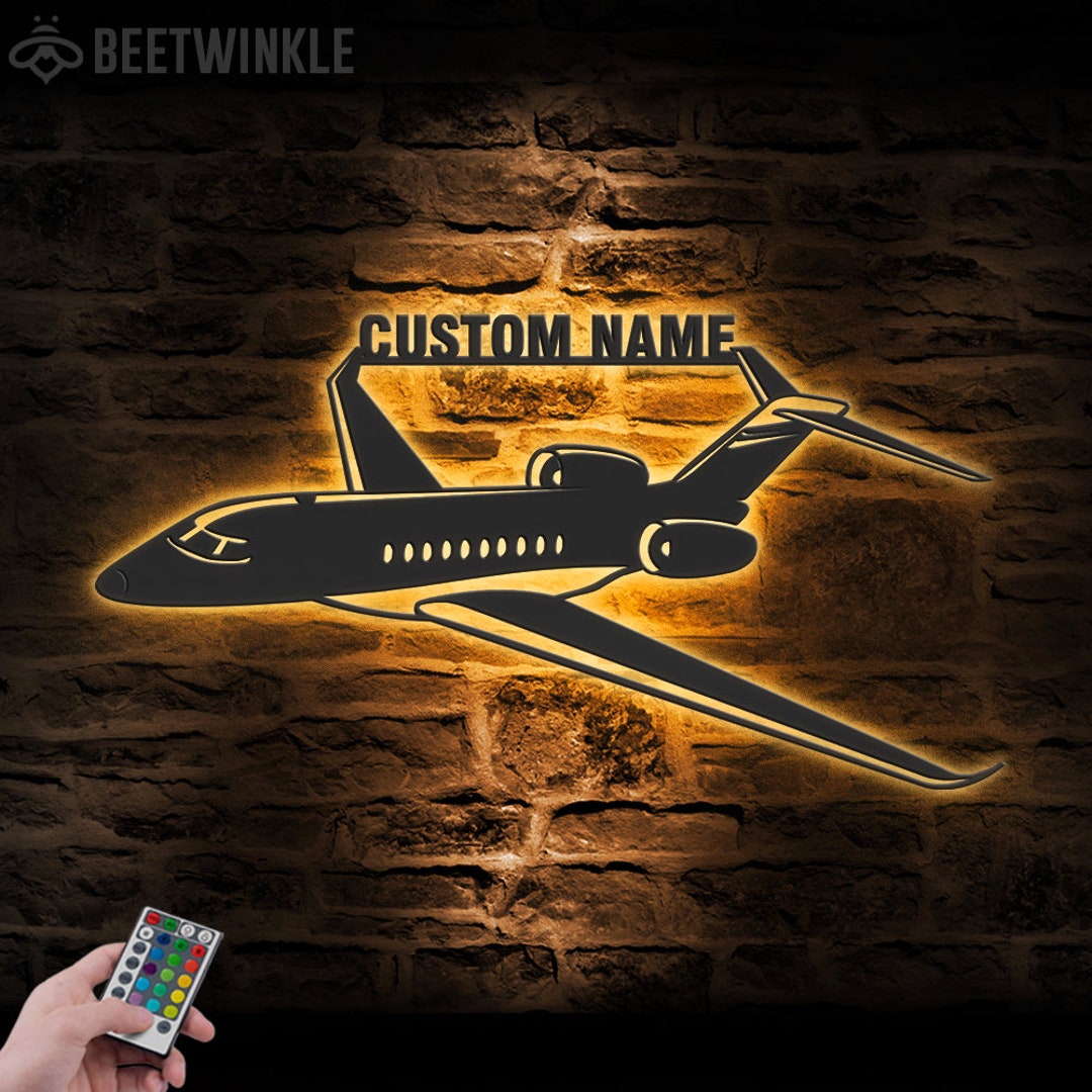 Custom Airplane Metal Wall Art LED Light Personalized Pilot Name Sign ...
