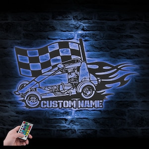 Custom Racing Flag Sprint Car Metal Wall Art LED Lights Personalized ...