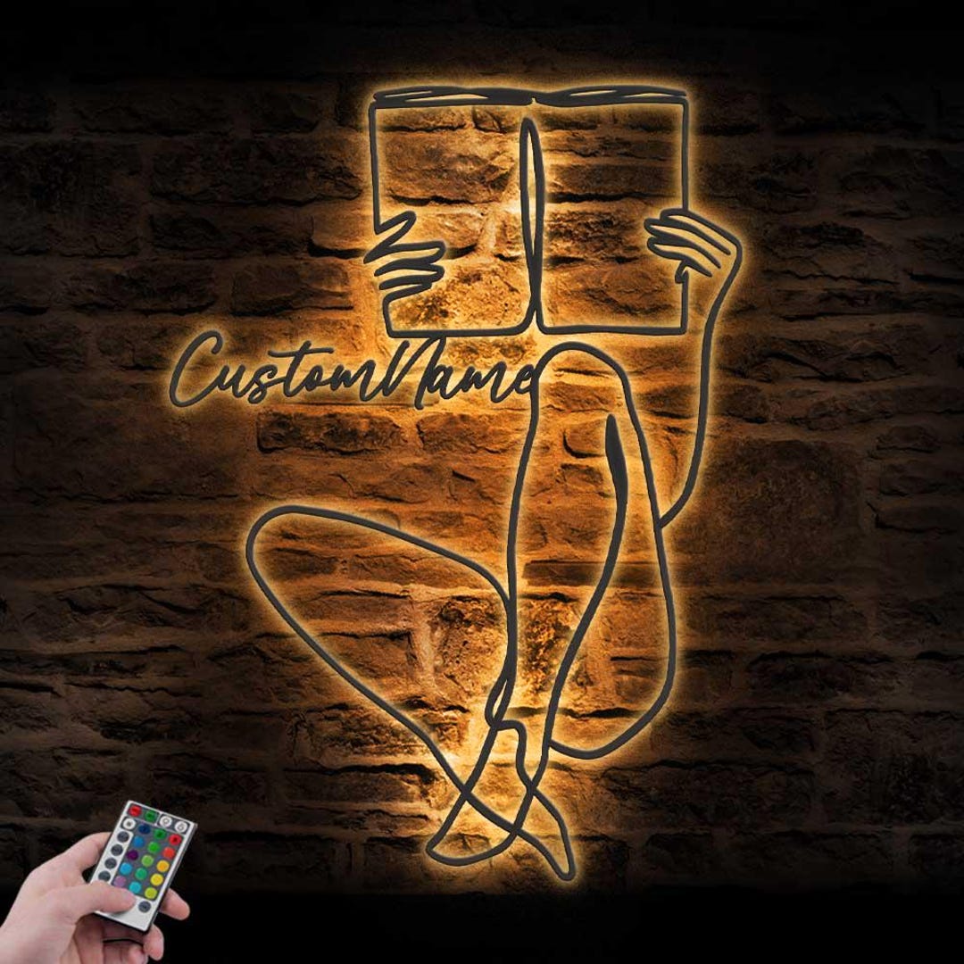 Custom Book Reading Line Art Metal Wall Art LED Light Personalized ...