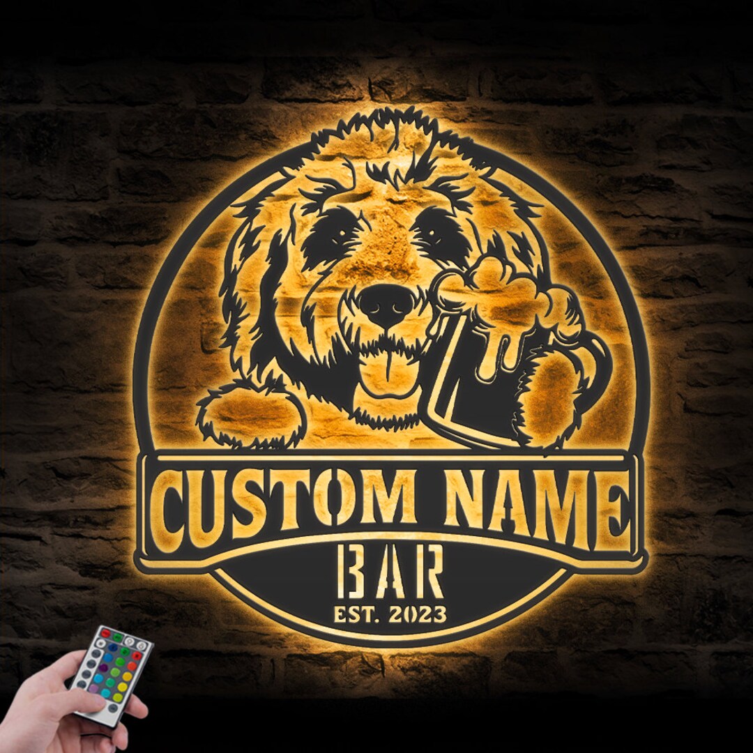 Custom Goldendoodle Thirsty Beer Pub Metal Wall Art LED Light ...