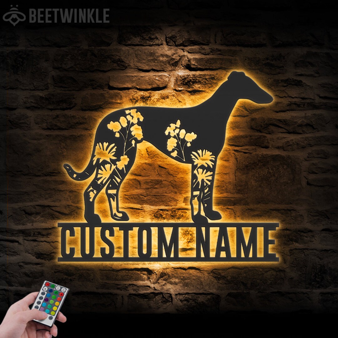 Custom Floral Whippet Metal Wall Art LED Light Personalized Wild Flower ...