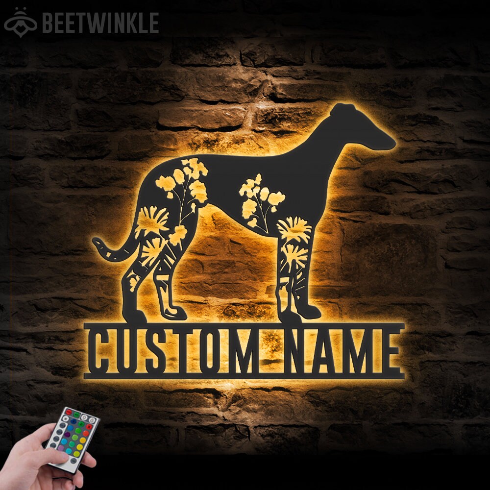 Custom Floral Whippet Metal Wall Art LED Light Personalized Wild Flower ...