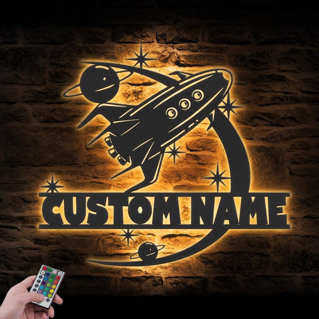 Custom Spaceship Metal Wall Art LED Light Personalized Rocket Name Sign ...