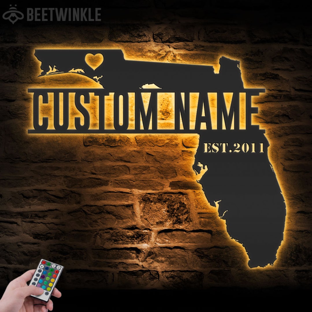 Custom Florida Map Metal Wall Art LED Lights Personalized Florida State ...