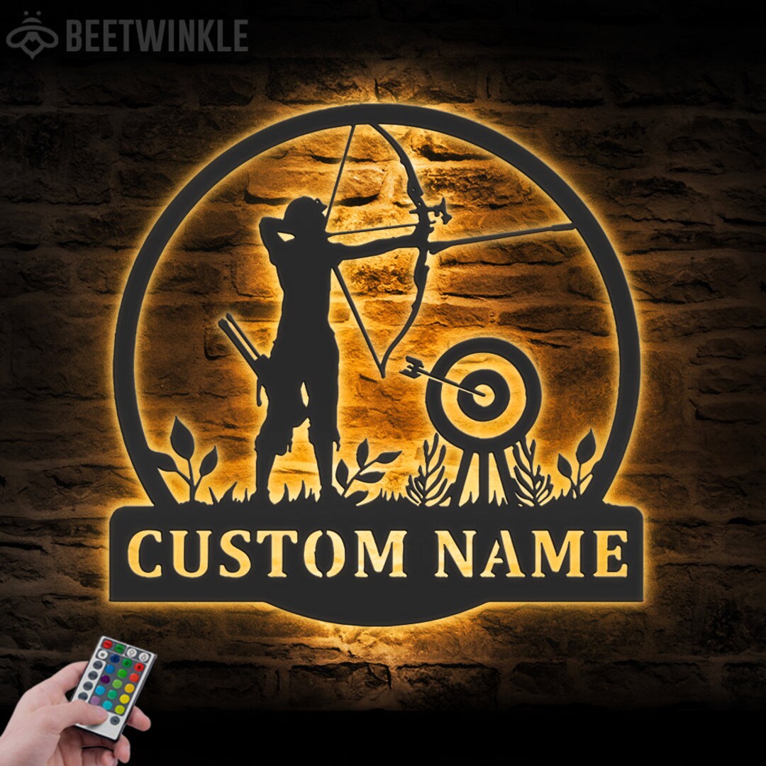 Custom Archery Metal Wall Art LED Light Personalized Archer Name Sign ...