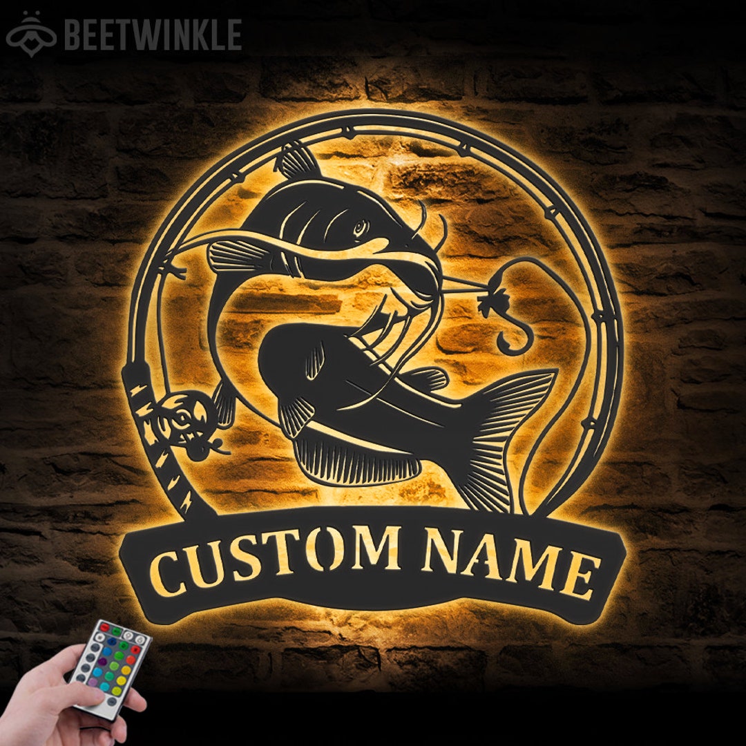 Custom Black Bullhead Catfish Fishing Metal Wall Art LED Light ...