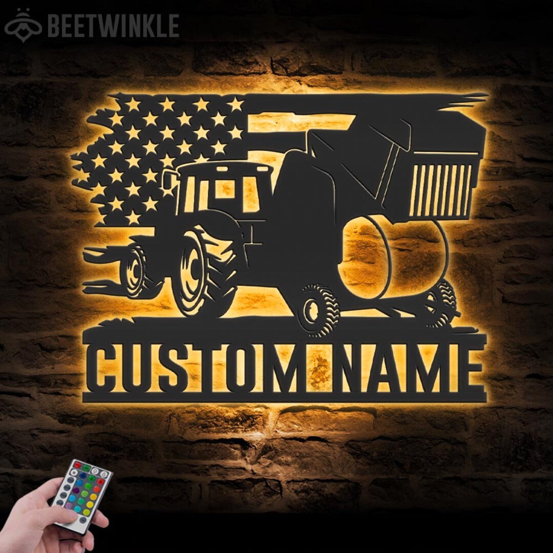 Custom Round Baler Tractor Driver Metal Wall Art LED Light Personalized ...