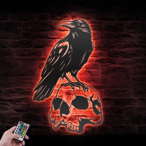 Raven Metal Wall Art LED Light Crow on Skull Sign Home Decor Black ...