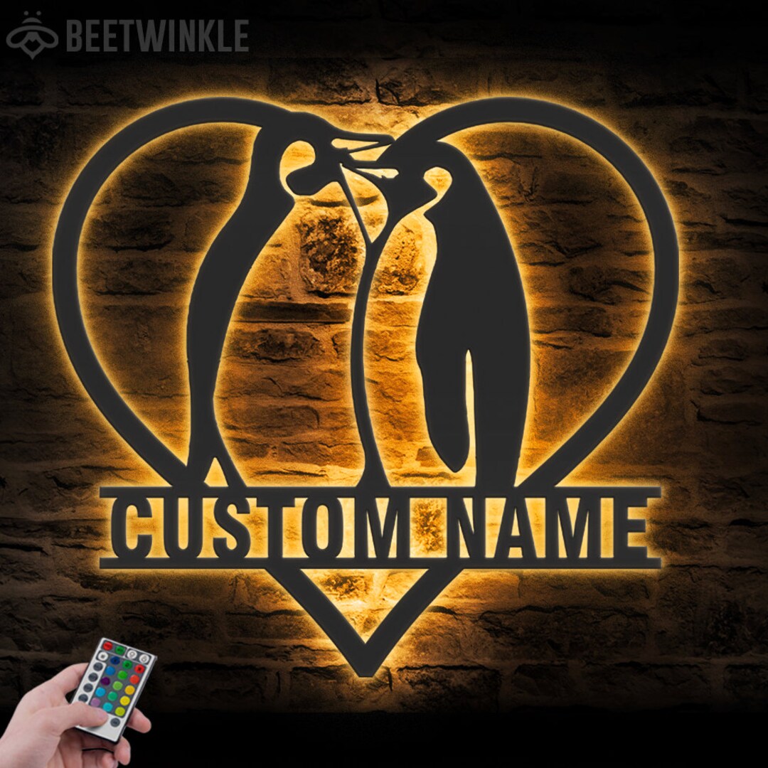 Custom Couple Penguin Love Metal Wall Art LED Light Personalized Heart ...