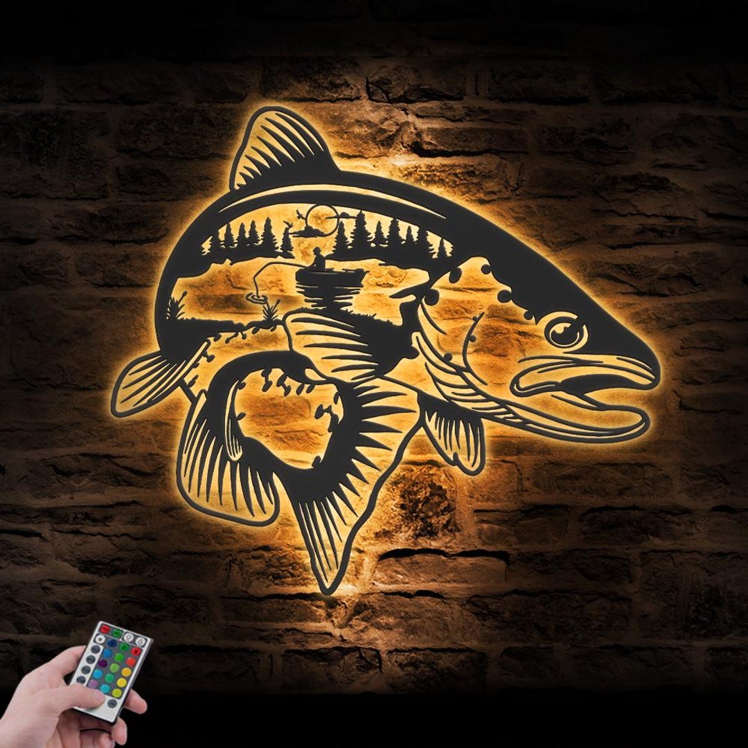 Trout Fishing Metal Wall Art LED Light Fisher Sign Home Decor River ...