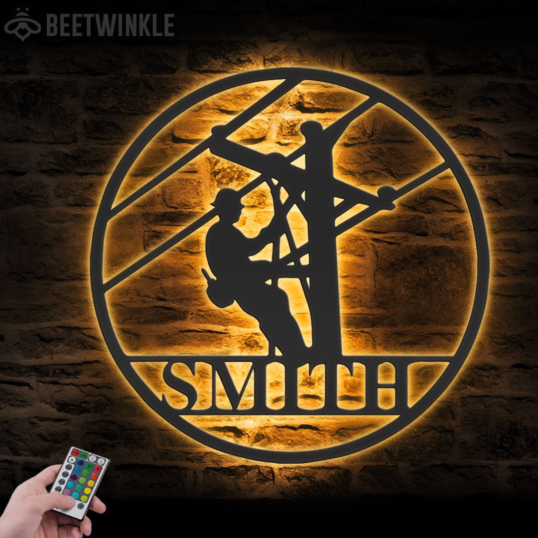 Custom Lineman Metal Wall Art LED Light Personalized Electrical Worker Name Sign Home Decor ...