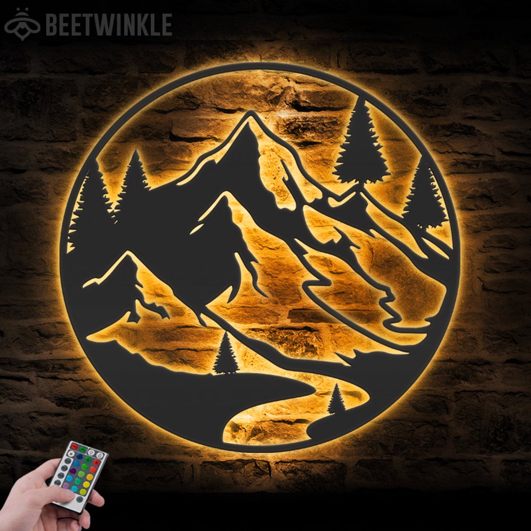 Nature Mountain Metal Wall Art LED Light Hill Creek Large Camp ...