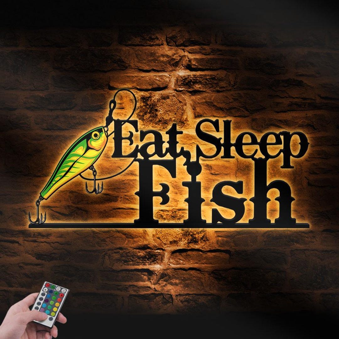 Eat Sleep Fish Metal Wooden Wall Art LED Light Hook Fishing Sign Home ...