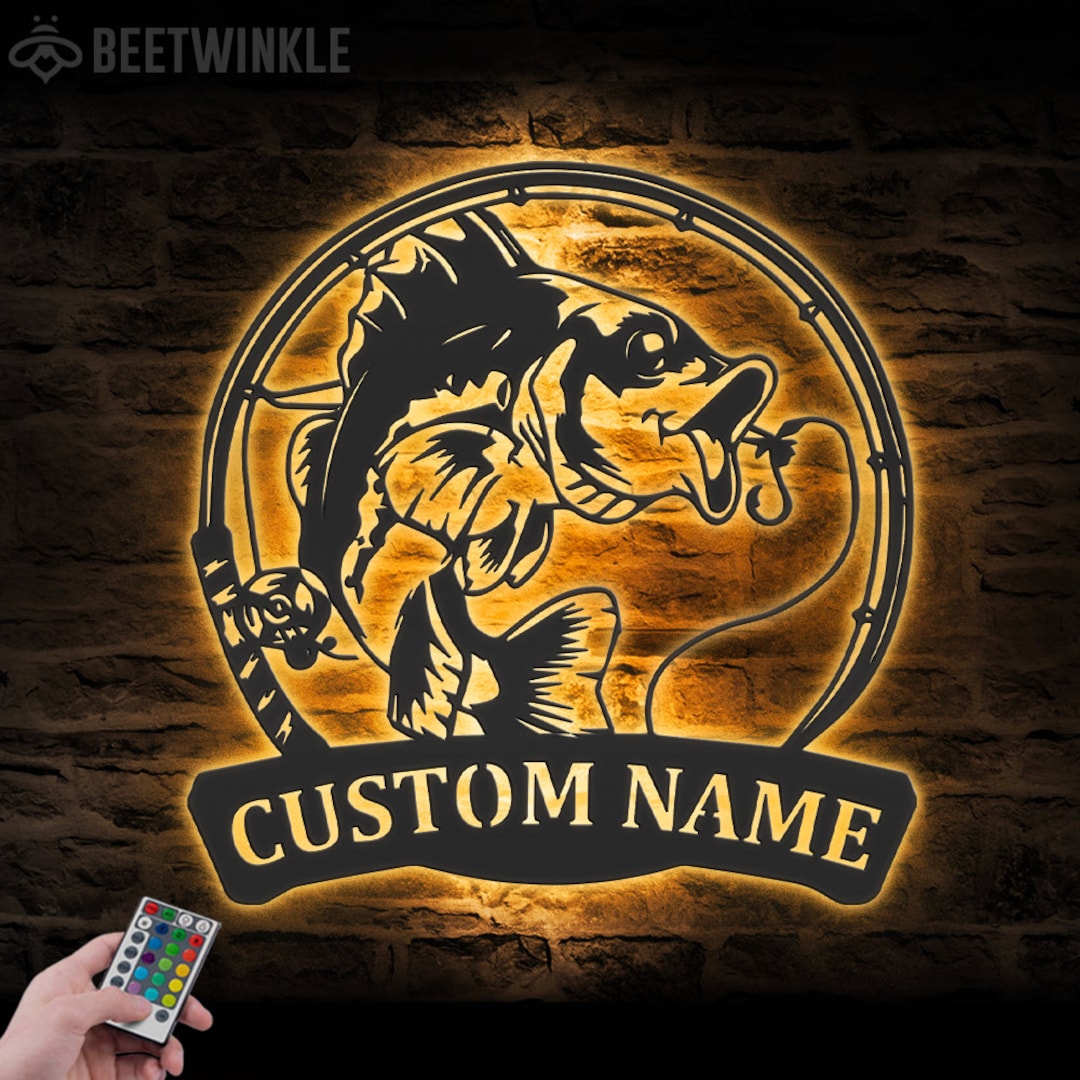 Custom Bass Fishing Metal Wall Art LED Light Personalized Fisher Name ...