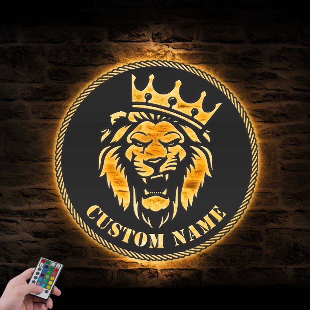 Custom King Lion Metal Wall Art LED Light Personalized Lion Lover Name ...