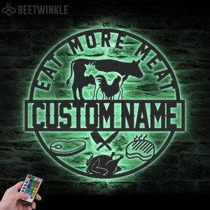 Custom Cow Goat Chiken Meat Shop Metal Wall Art LED Light Personalized ...