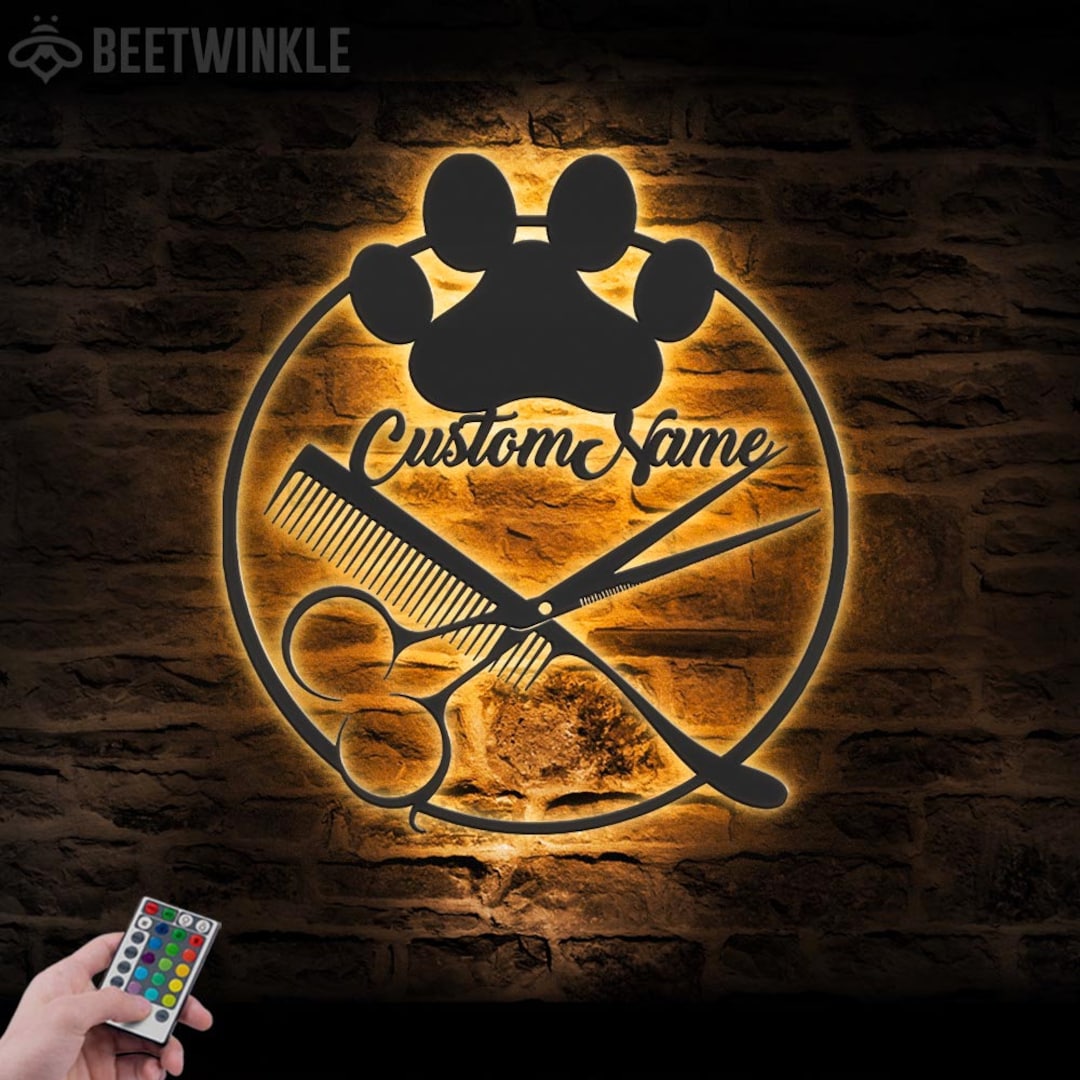 Custom Dog Grooming Hair Salon Metal Wall Art LED Light Personalized ...