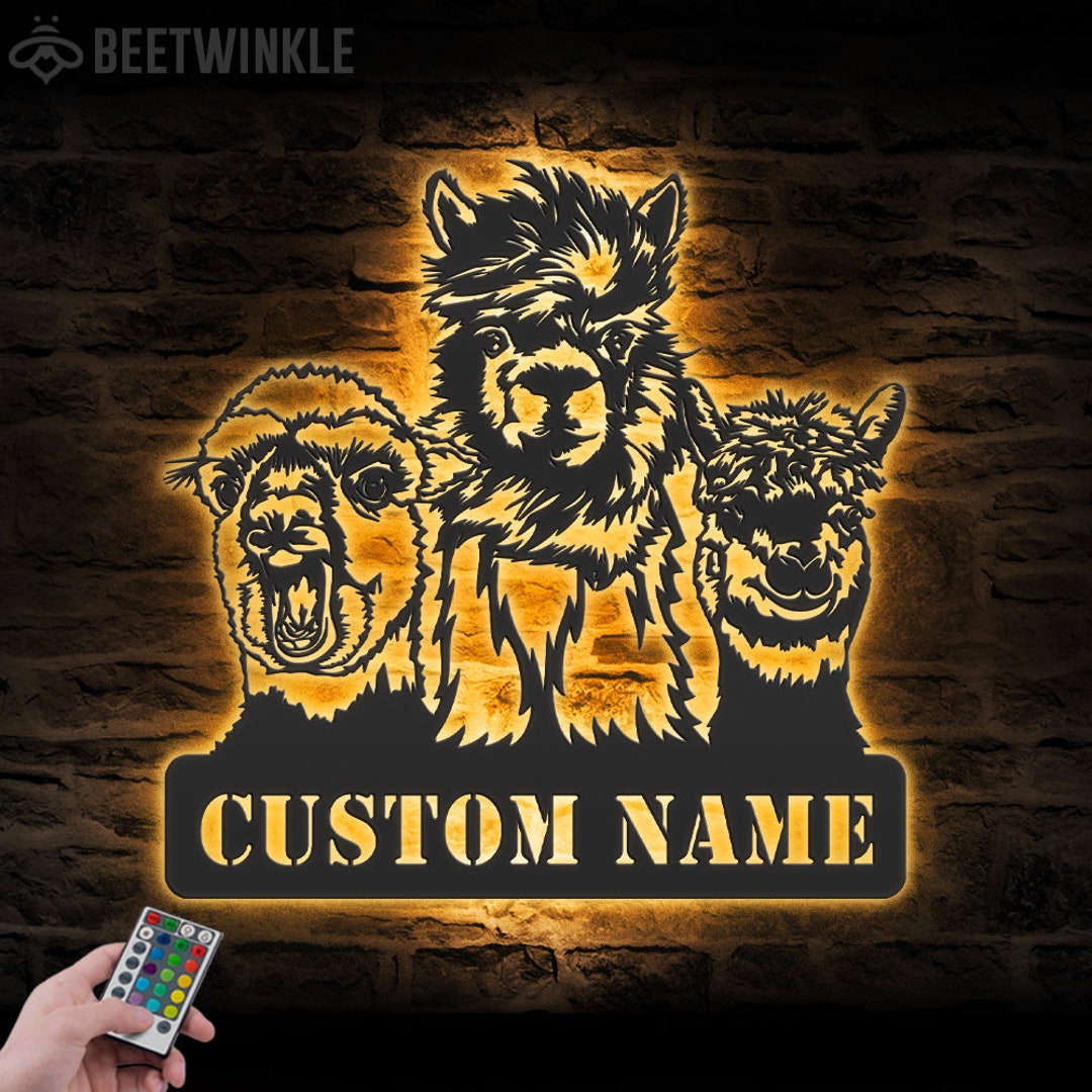 Custom Alpaca Farmhouse Metal Wall Art LED Light Personalized Funny ...