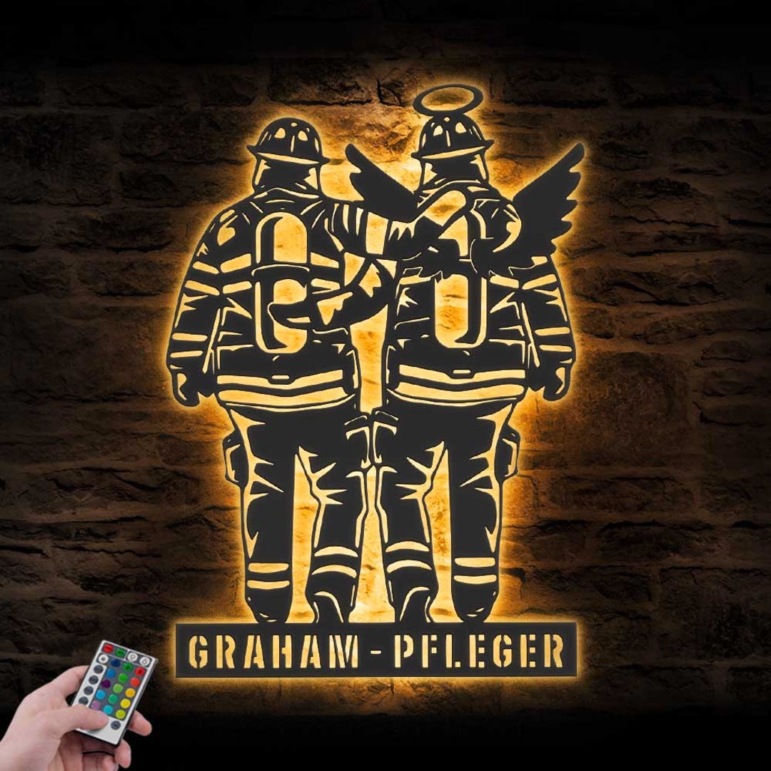 Custom Firefighter Metal Wall Art LED Light Personalized Memory Fireman ...