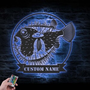 Custom Puffer Fish Metal Wall Art LED Light Personalized Pufferfish ...