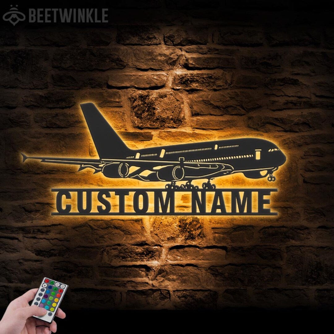 Custom Airplane Metal Wall Art LED Light Personalized Pilot Name Sign ...