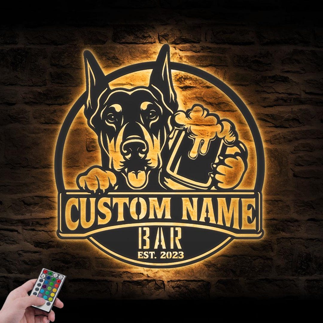 Custom Doberman Pinscher Thirsty Beer Pub Metal Wall Art LED Light ...