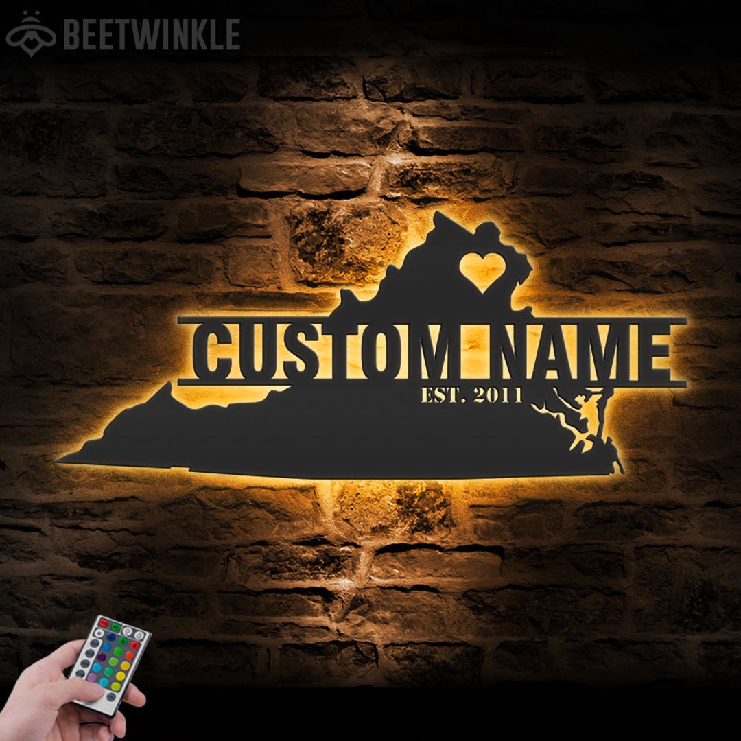 Custom Virginia Map Metal Wall Art LED Light Personalized Virginia ...