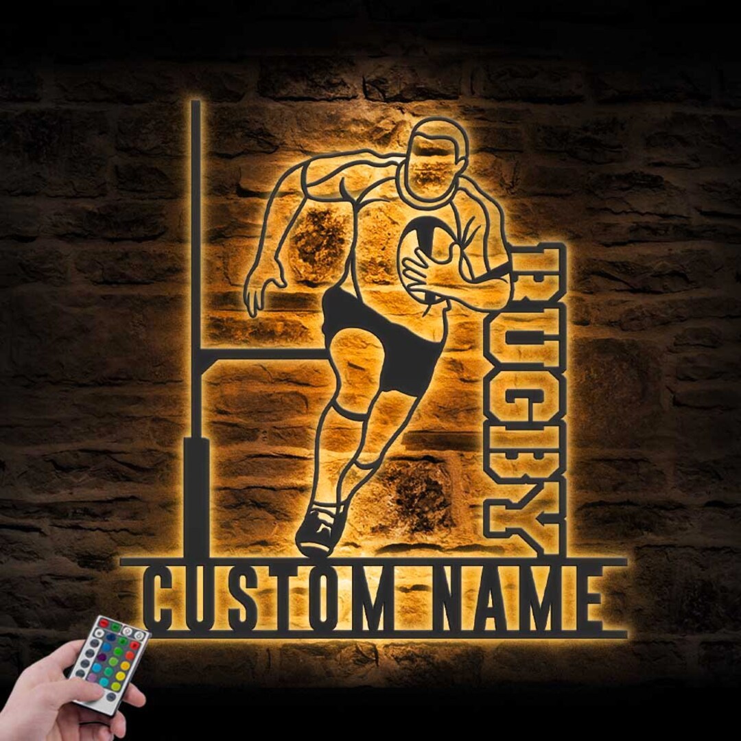 Custom Rugby Metal Wall Art LED Light Personalized Football Player Name ...