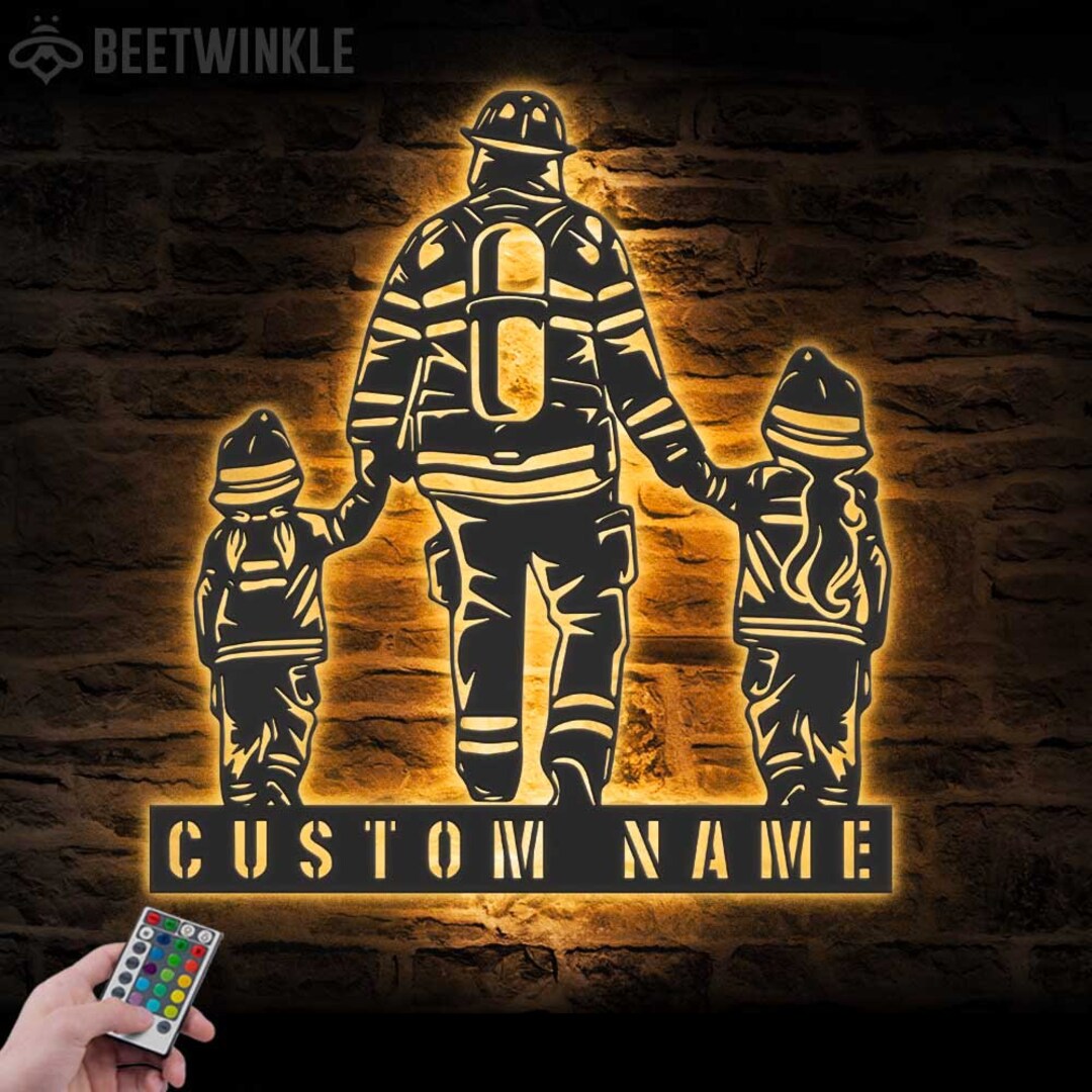 Custom Father Daughter Firefighter Metal Wall Art LED Light ...