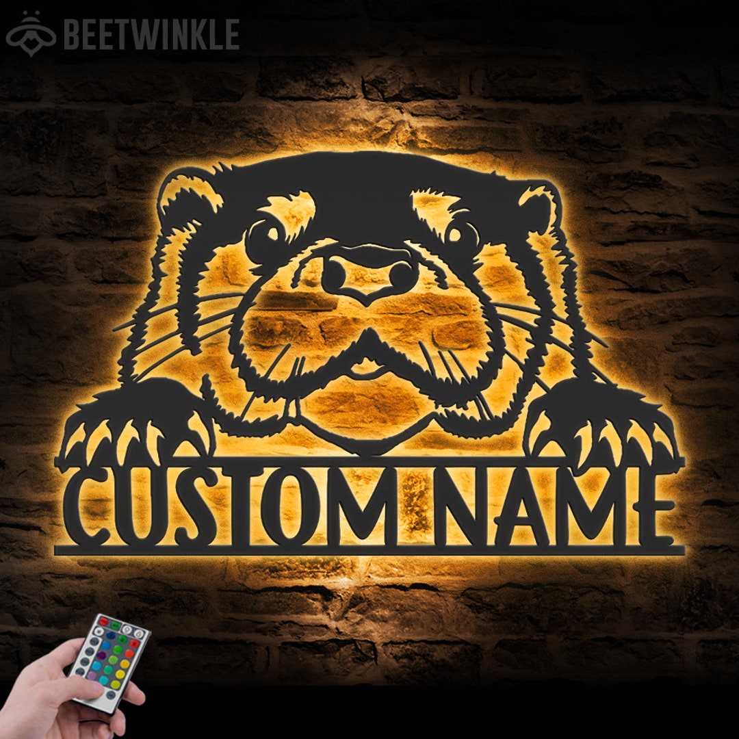 Custom Peeking Otter Metal Wall Art LED Light Personalized Peekaboo ...