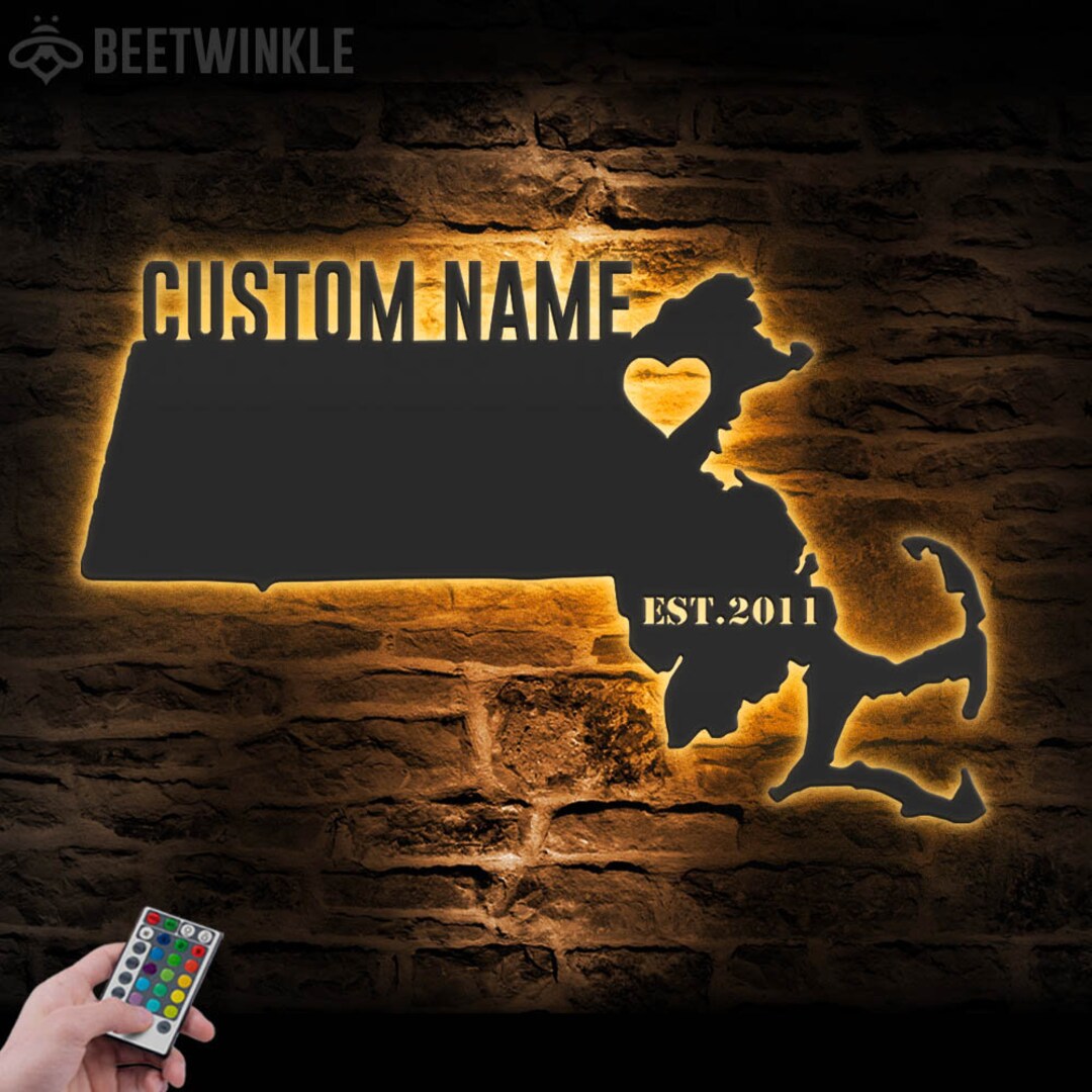 Custom Massachusetts Map Metal Wall Art LED Light Personalized ...
