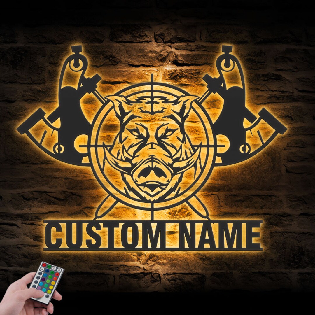 Custom Tattoo Gun Wild Boar Hunting Metal Wall Art LED Light ...
