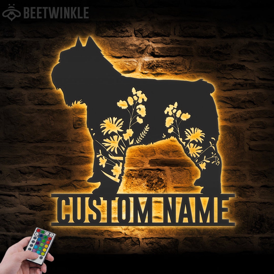 Custom Floral Bouviers Des Flandres Metal Wall Art LED Light ...