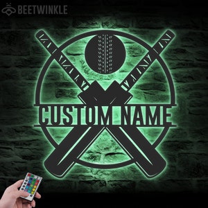 Custom Ball Cricket Bat Metal Wall Art LED Light Personalized Cricket ...