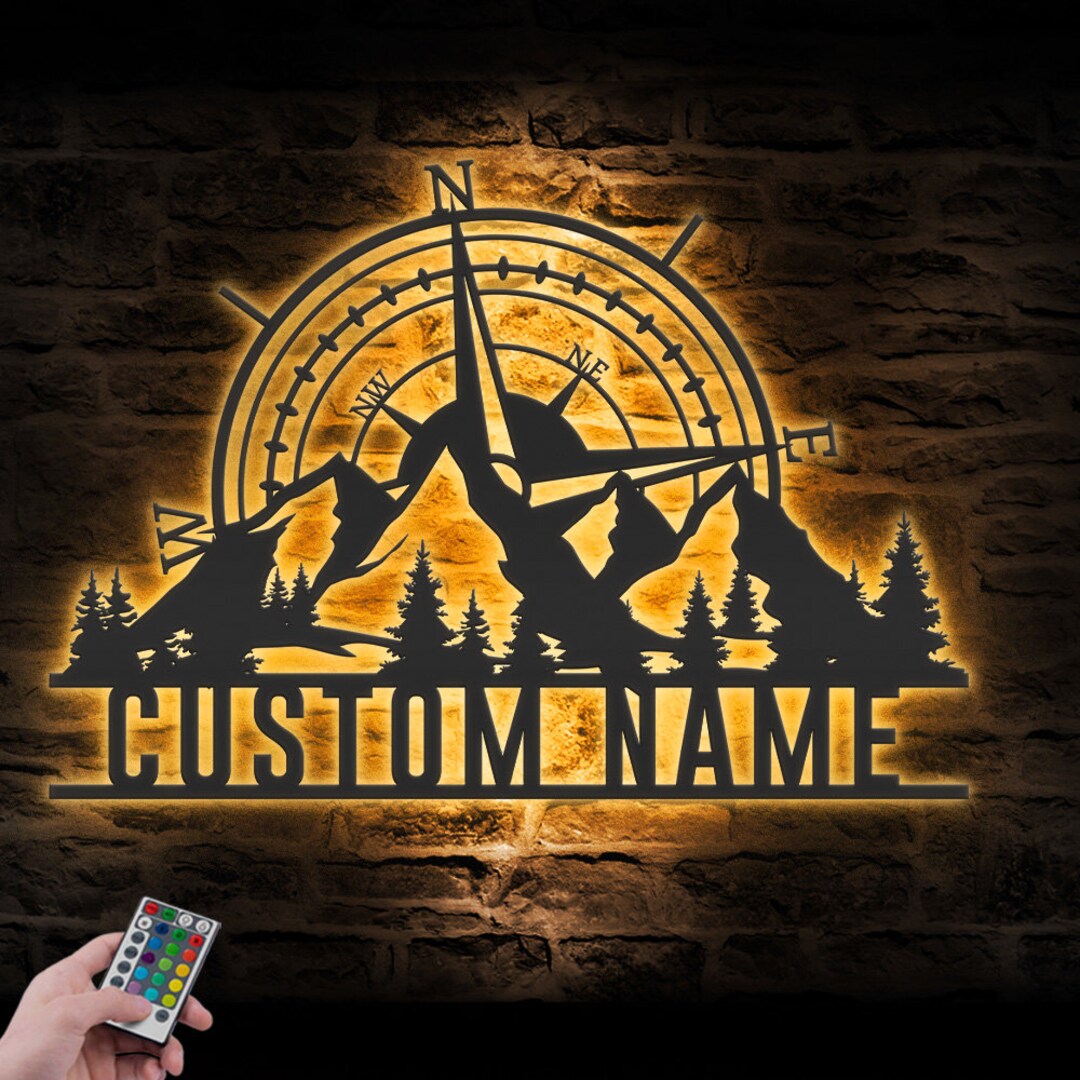 Custom Half Compass Mountain Forest Metal Wall Art LED Light ...
