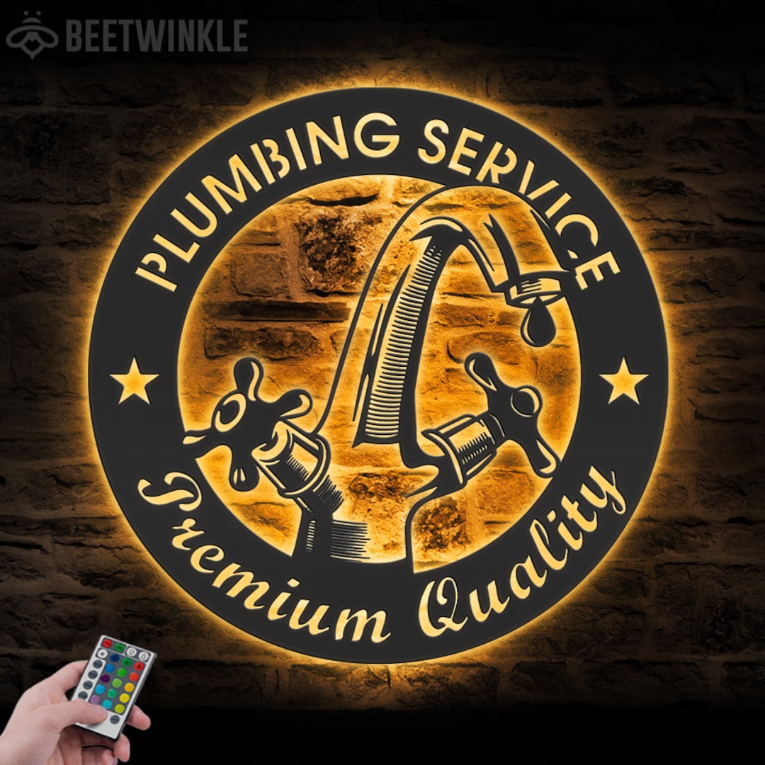 Custom Plumbing Metal Wall Art LED Light Personalized Plumber Name Sign ...