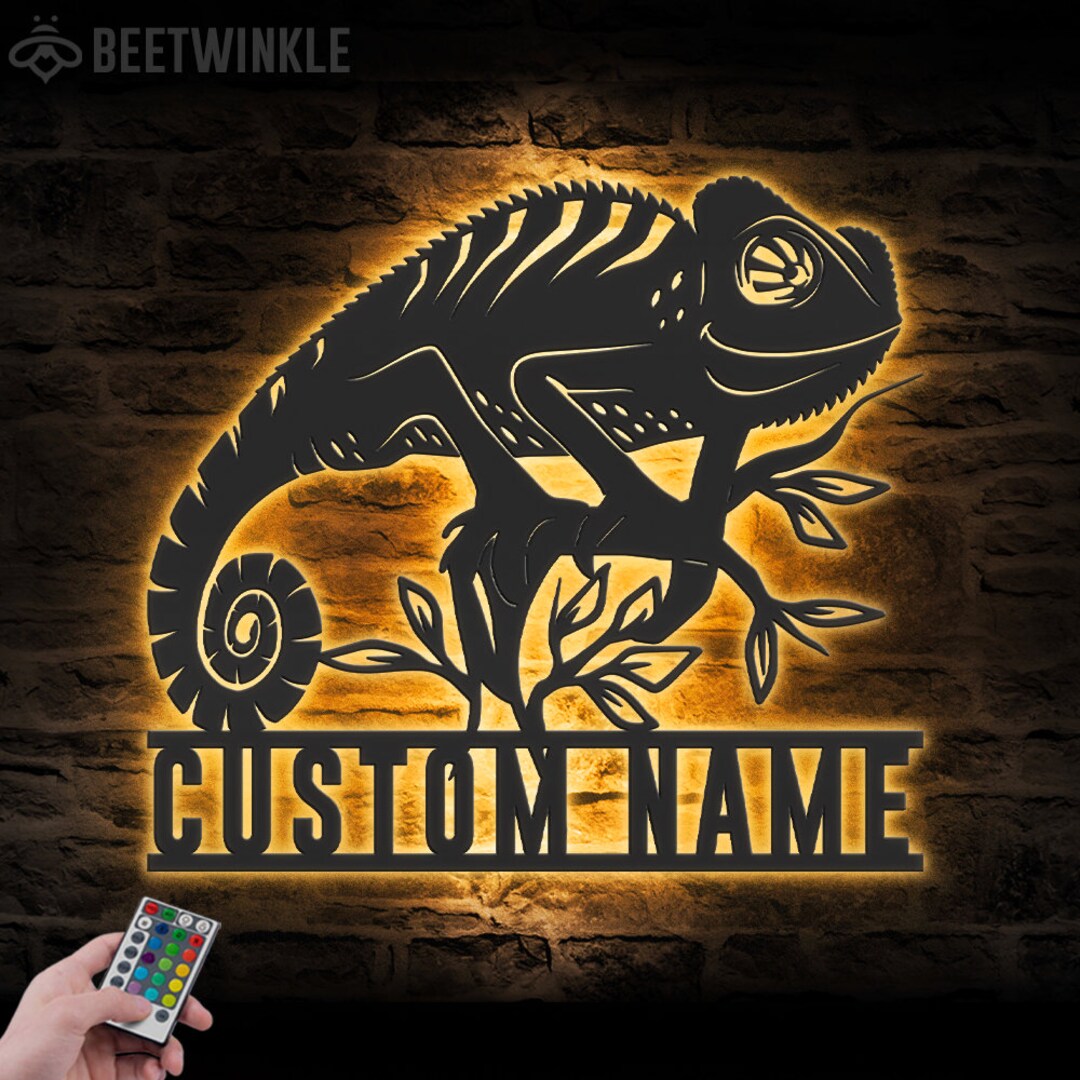 Custom Chameleon Metal Wall Art LED Light Personalized Chameleon Name ...