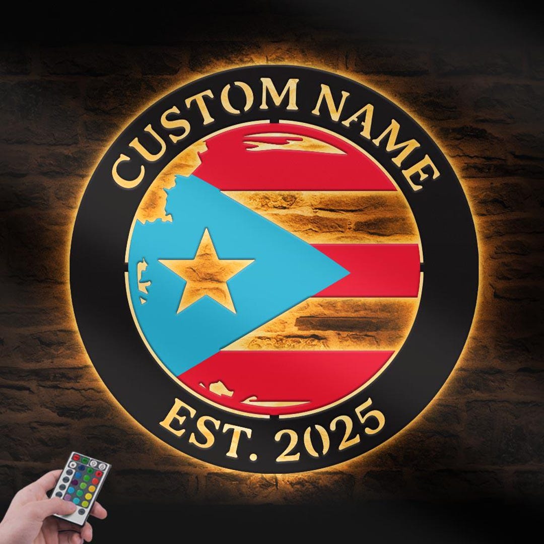 Custom Distressed Puerto Rico Flag Metal Wooden Wall Art LED Light ...