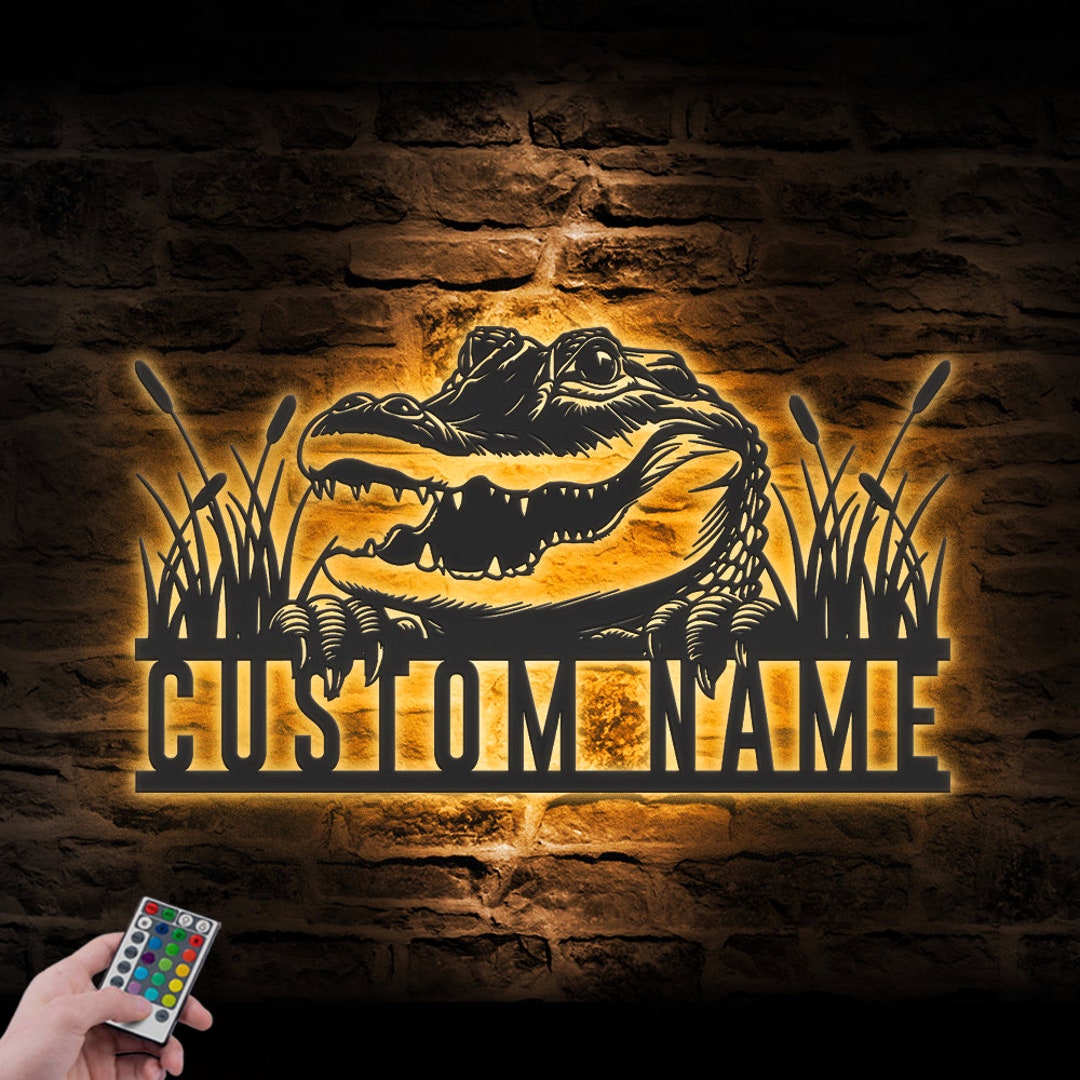 Custom Peeking Alligator Metal Wall Art LED Light Personalized ...