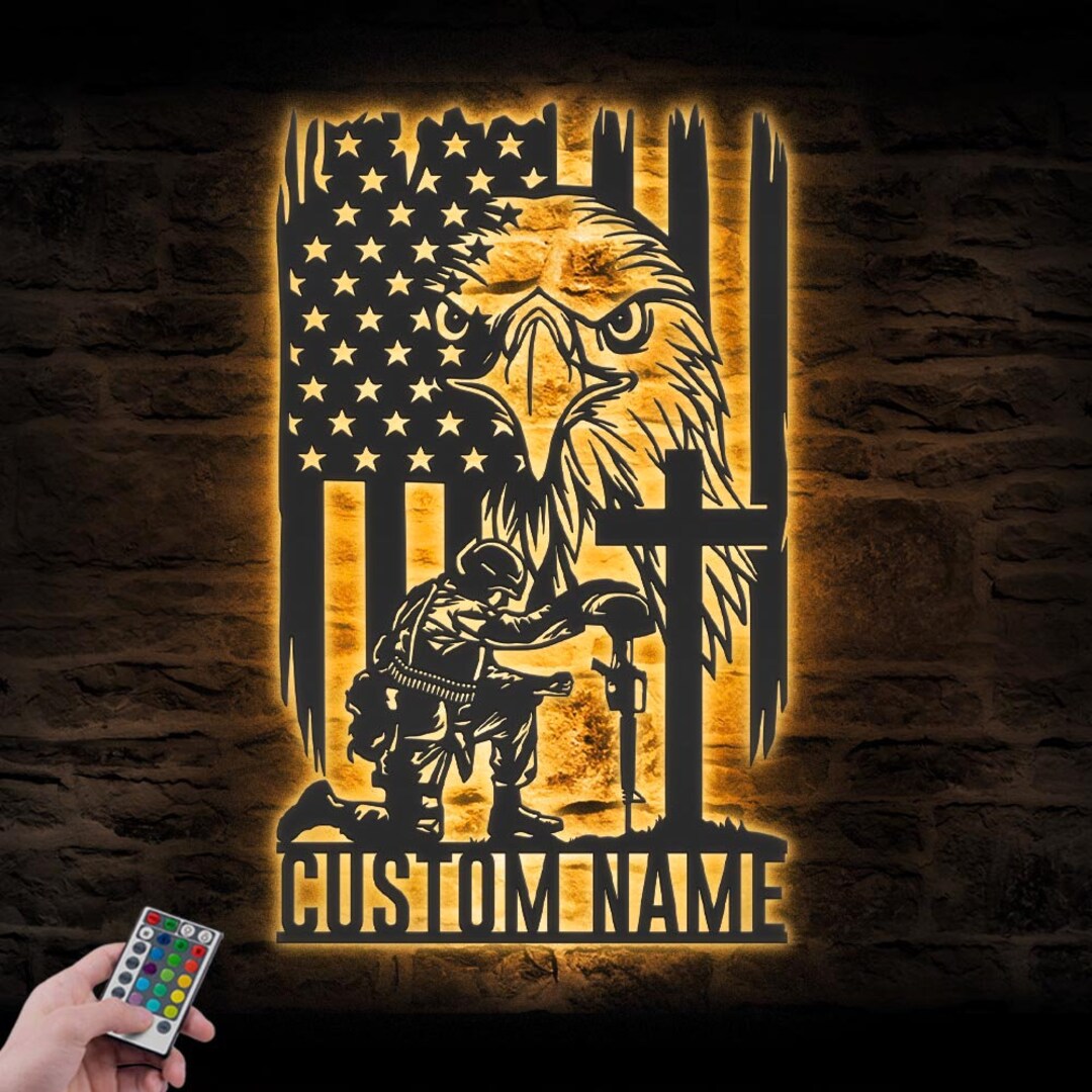 Custom American Eagle US Flag Fallen Soldier Metal Wall Art LED Light ...