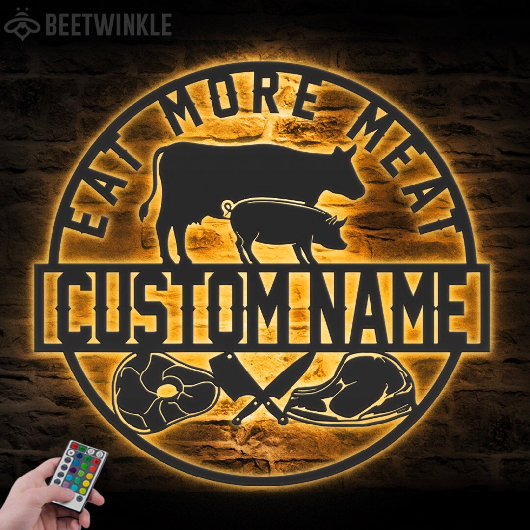 Custom Cow Pig Meat Shop Farmhouse Metal Wall Art LED Light ...