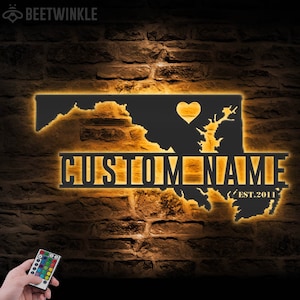 Custom Maryland Map Metal Wall Art LED Light Personalized Maryland ...