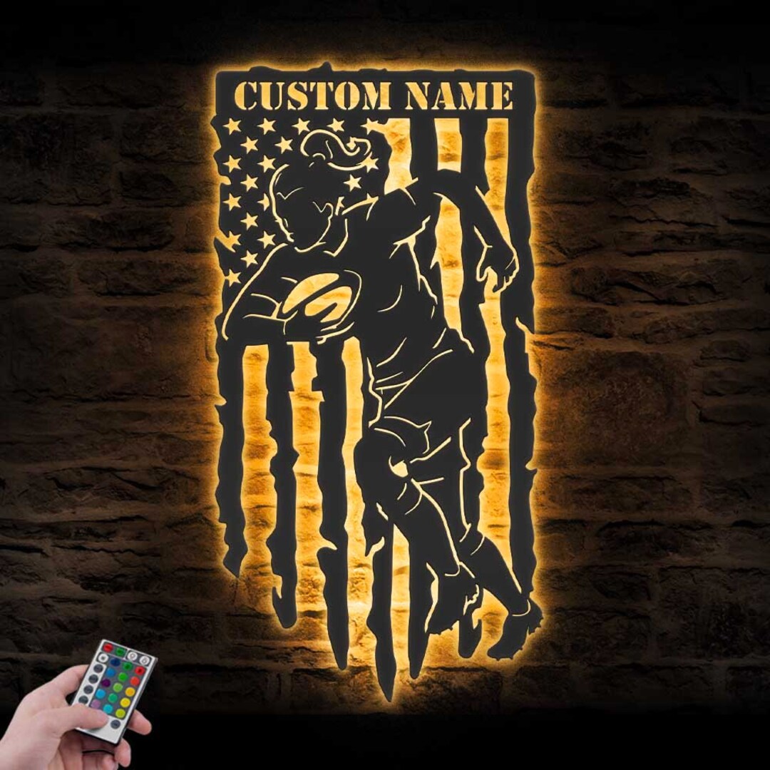 Custom Rugby US Flag Metal Wall Art LED Light Personalized Football ...