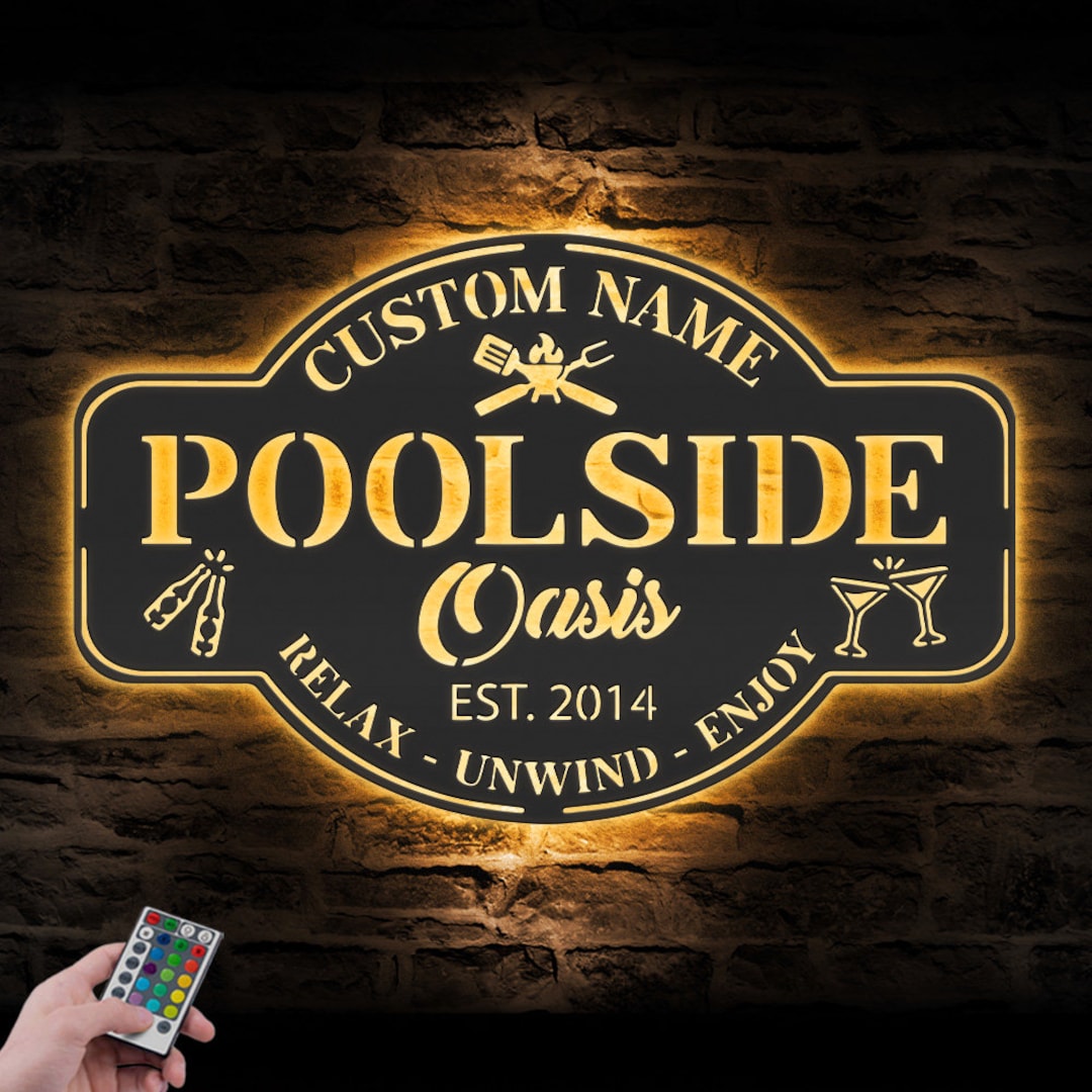 Custom Poolside Oasis Metal Wall Art Led Light Personalized Tiki Bar ...