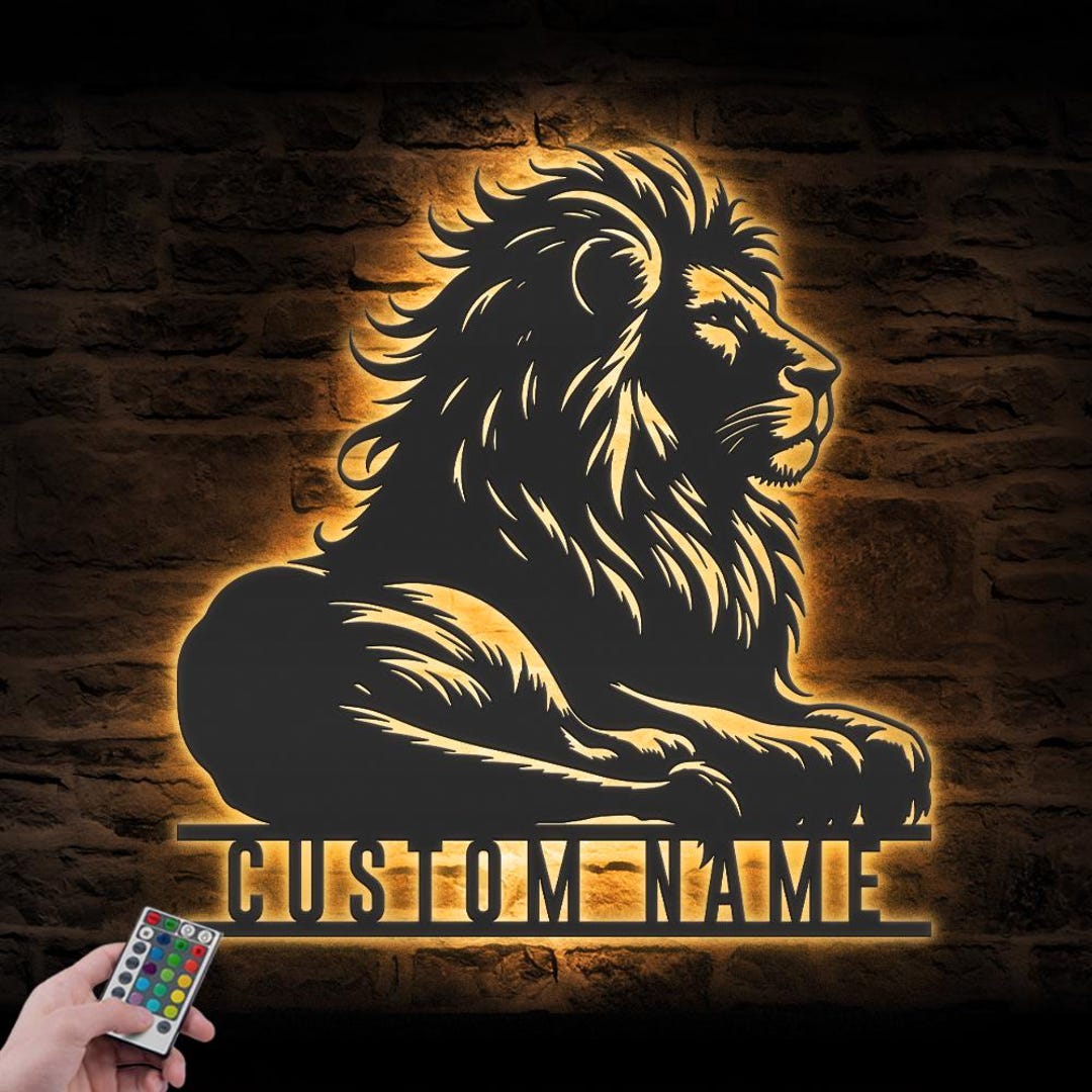 Custom Lion Metal Wall Art LED Light Personalized Lion Lover Name Sign ...