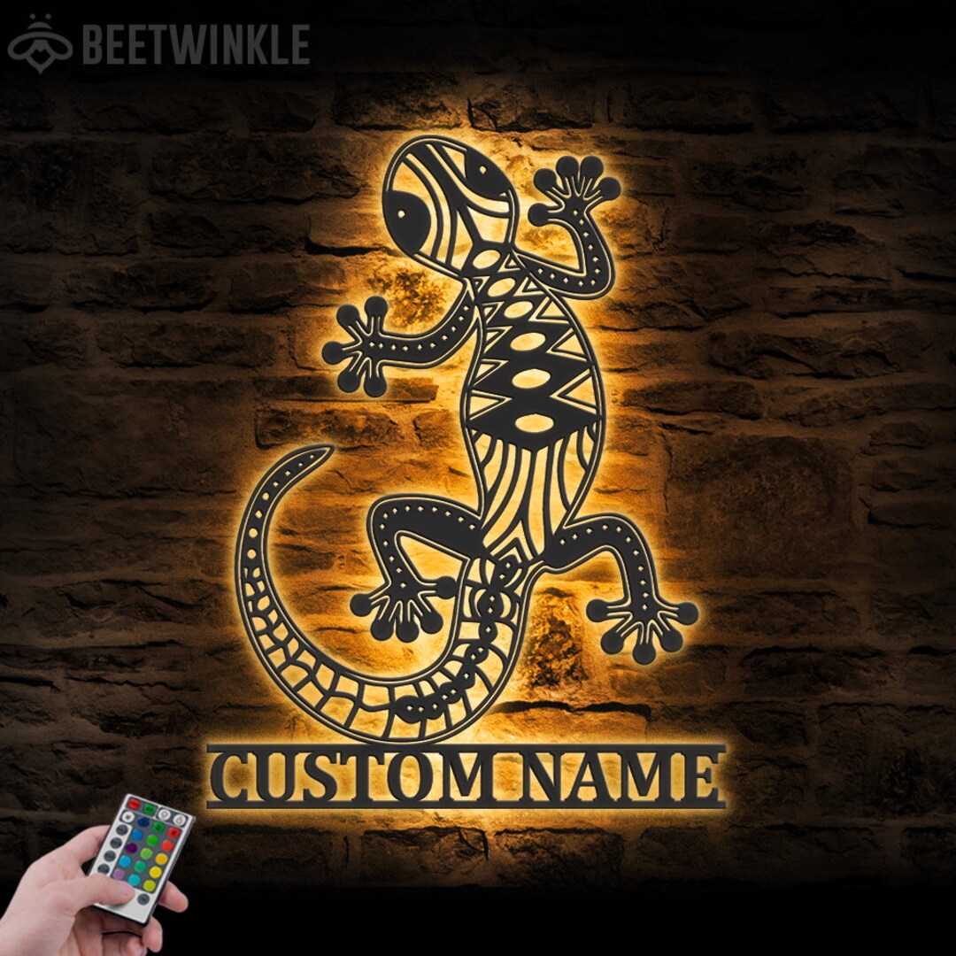 Custom Gecko Metal Wall Art LED Light Personalized Lizard Lover Name ...