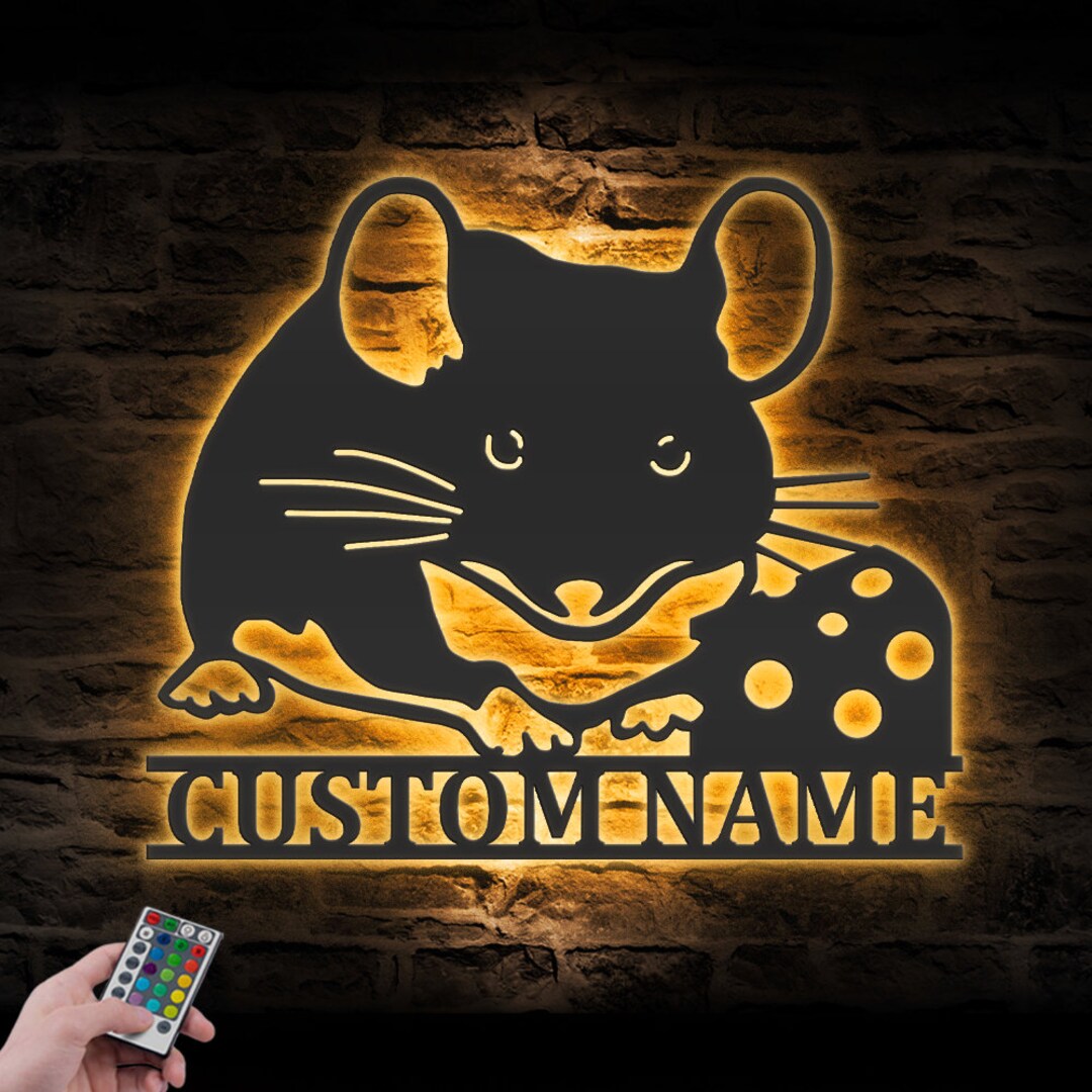 Custom Cute Rat With Cheese Metal Wall Art LED Light Personalized Rat ...