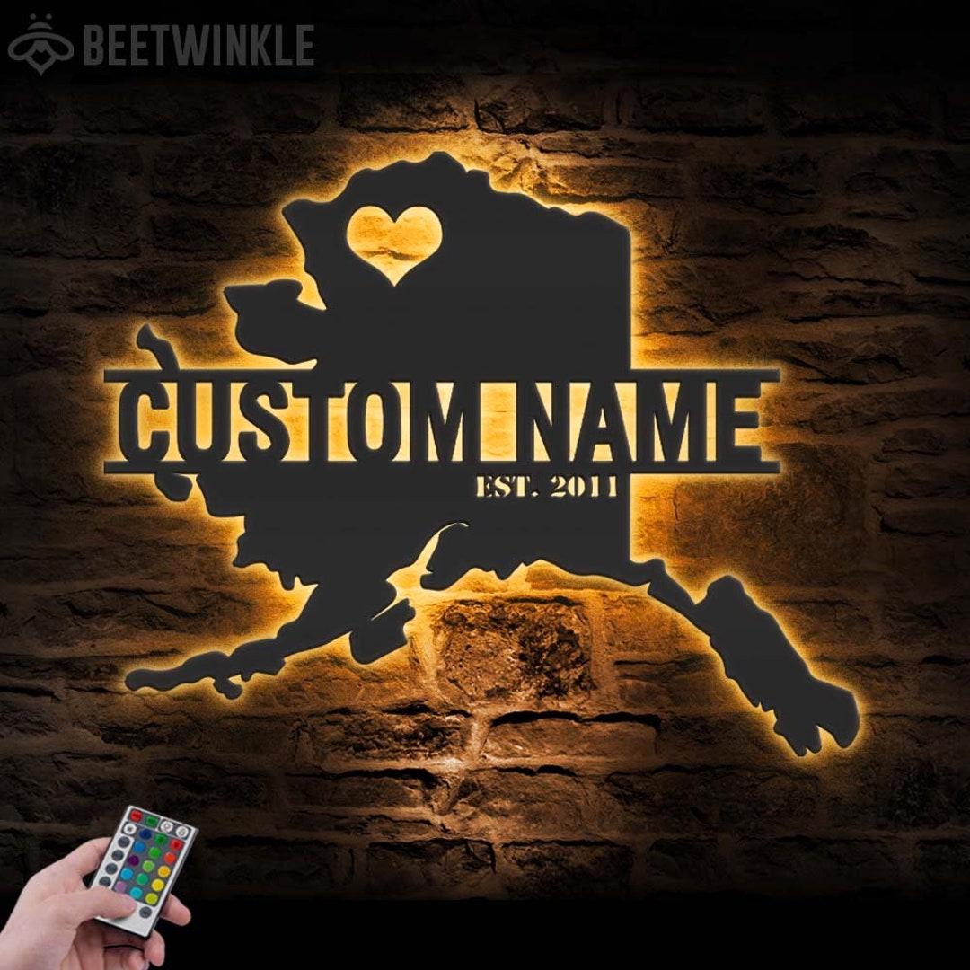 Custom Alaska Map Metal Wall Art LED Light Personalized Alaska State ...