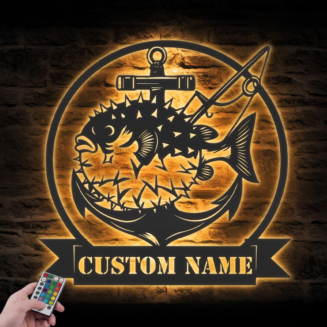 Custom Anchor Puffer Fishing Rod Metal Wall Art LED Light Personalized ...